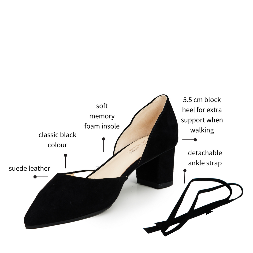 Rosa Suede Pointed Toe Low Block Heels – Luminous Assembly